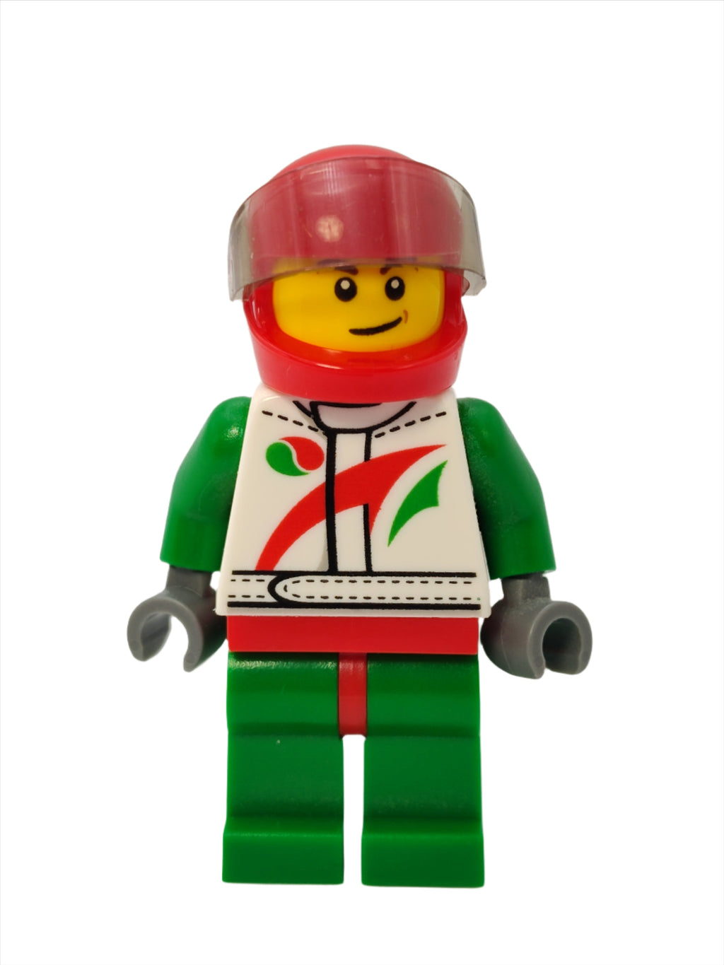 Race Car Driver - White Racing Suit with Octan Logo and Crooked Smile ...